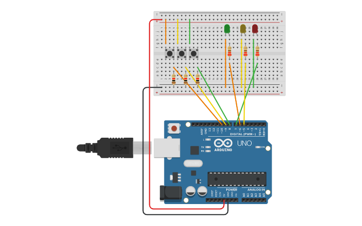 Circuit design SEMAFORO PULSADOR #8 11J | Tinkercad Circuit design SEMAFORO PULSADOR #8 11J | Tinkercad
