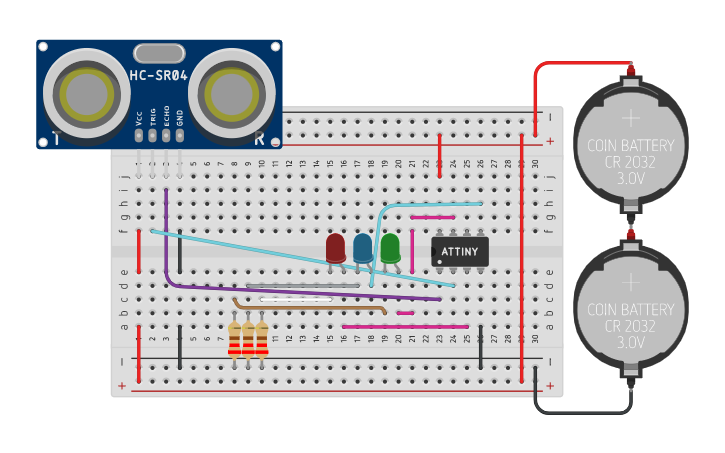 Circuit design HC-SR04 3 leds v1.0 - Tinkercad