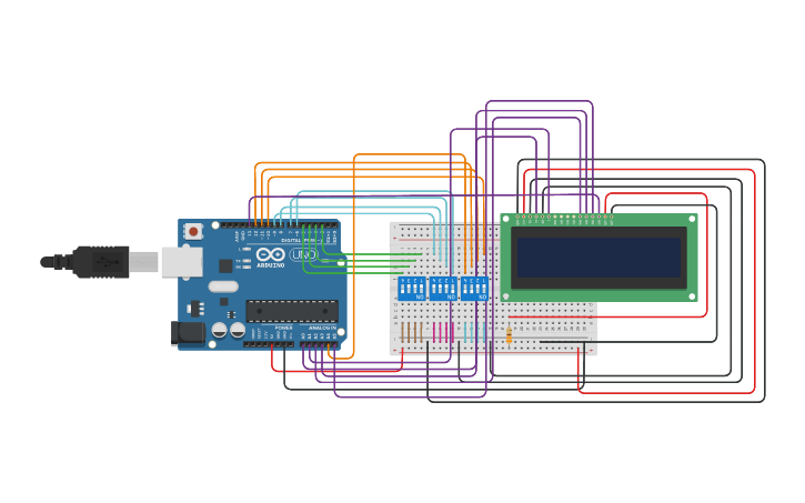 Circuit design ALU 4 BITS CON LCD - Tinkercad