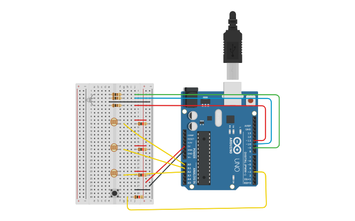 Circuit design RGB LED WITH SWITCH AND LDRs | Tinkercad