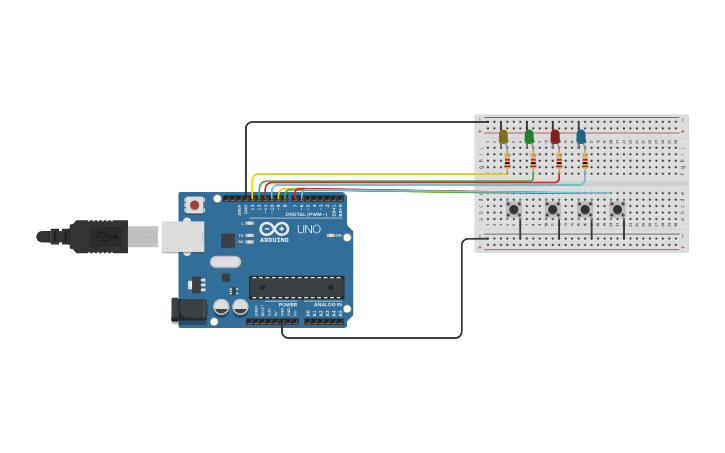 Circuit design Digital I/O 4 LED dan 4 Push Button - Tinkercad
