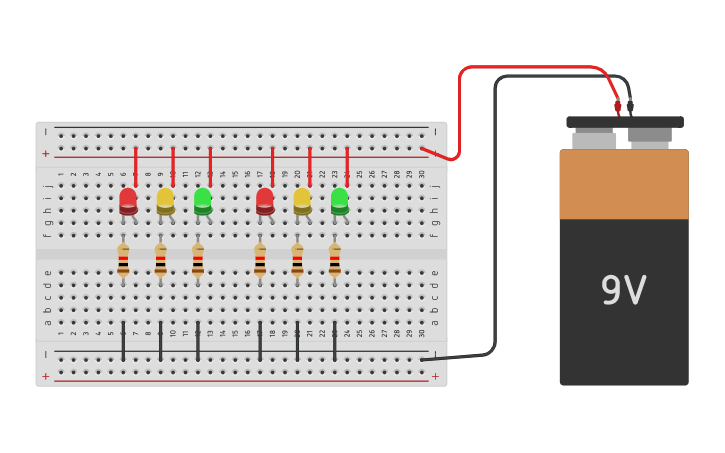Circuit design Simulación de un semáforo doble | Tinkercad Circuit design Simulación de un semáforo doble | Tinkercad