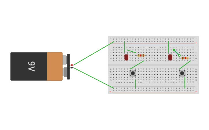 Circuit design circuito de dos led con protoboard y pila - Tinkercad