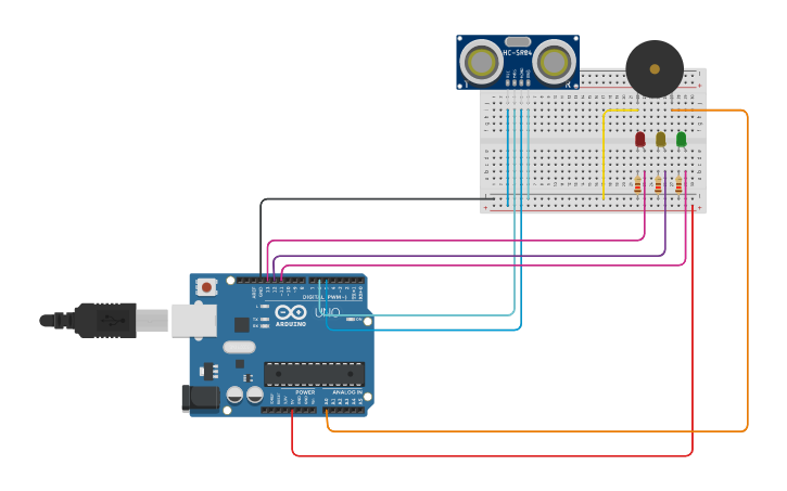 Circuit design sensor de distancia con sonido - Tinkercad