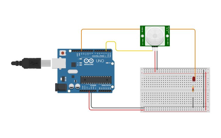 Circuit design Percobaan 2 (Passive Infrared Sensor (PIR)) | Tinkercad