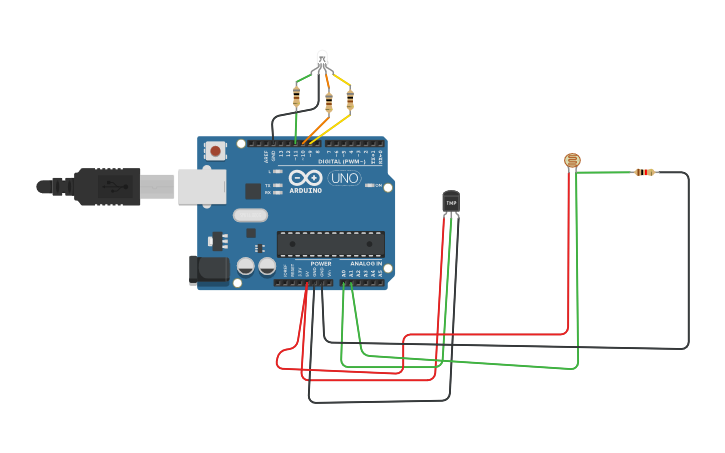 Circuit design led RGB, TMP36, fotoresistore - Tinkercad
