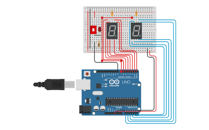 Circuit design Pract2_P3 - Contador (0-FF)h 7Seg - Tinkercad Circuit design Pract2_P3 - Contador (0-FF)h 7Seg - Tinkercad