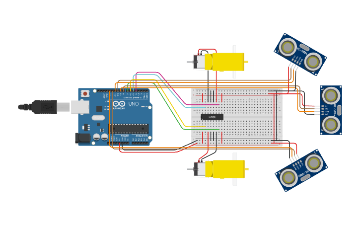 Circuit design Tres ultrasónicos - Tinkercad