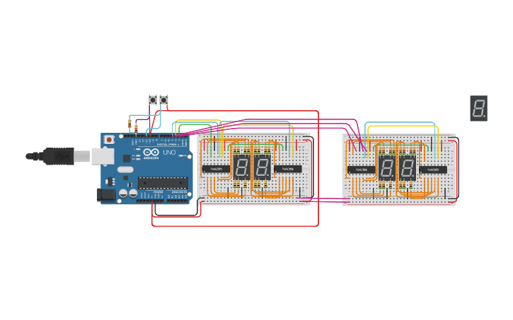 Circuit design Schieberegister 7-Segment-Anzeigen 99 - Tinkercad