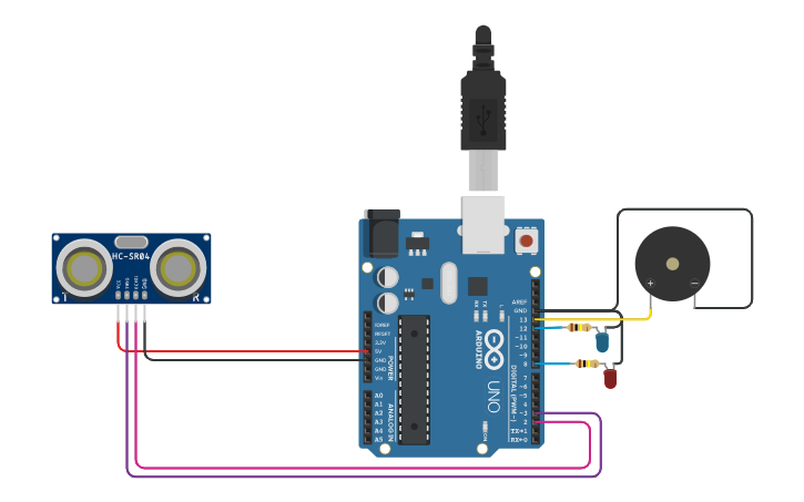 Circuit design Ultra Sonic Sensor with buzzer - Tinkercad