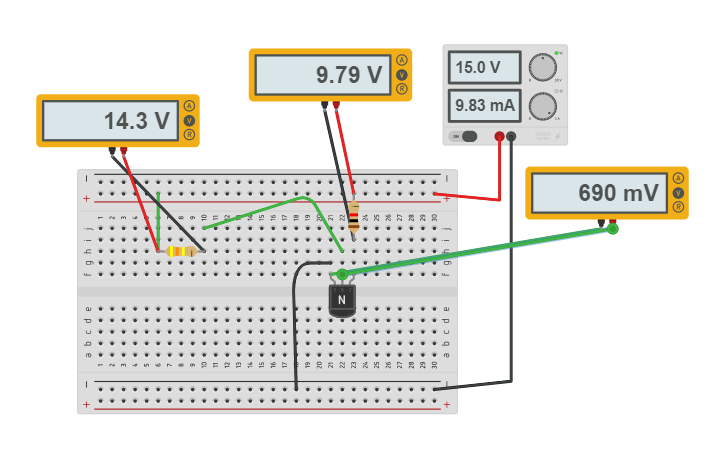 Circuit design Transistor Reta de carga - relatório 5 | Tinkercad