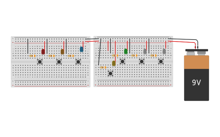 Circuit design Circuito eléctrico de 7 leds, 7pulsadors, 7 resistencias | Tinkercad