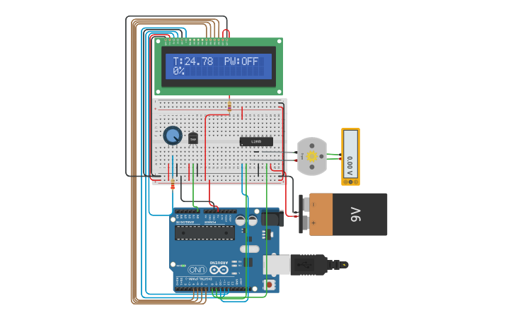 Circuit design temperature controlled fan - Tinkercad