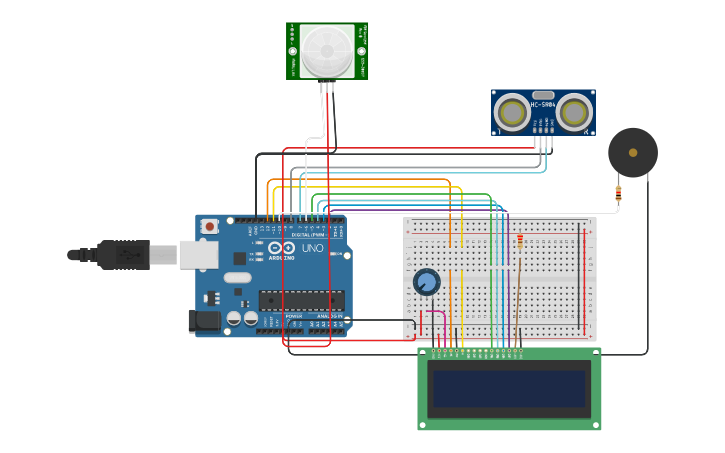 Circuit design PIR Sensor + Ultrasonic Sensor - Tinkercad Circuit design PIR Sensor + Ultrasonic Sensor - Tinkercad