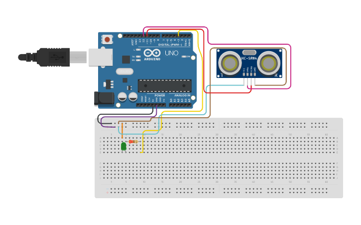 Circuit design Practica 7 Sensor Ultrasónico 2. - Tinkercad