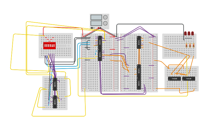Circuit design 3 bit comparator - Tinkercad Circuit design 3 bit comparator - Tinkercad