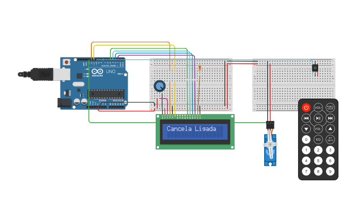 Circuit design Cancela automatizada via controle remoto | Tinkercad