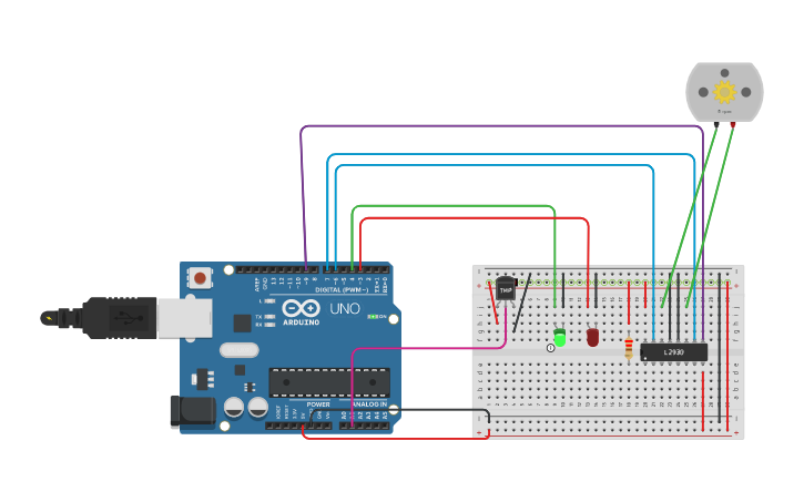 Circuit design Copy of Temperature sensor with DC motor - Tinkercad