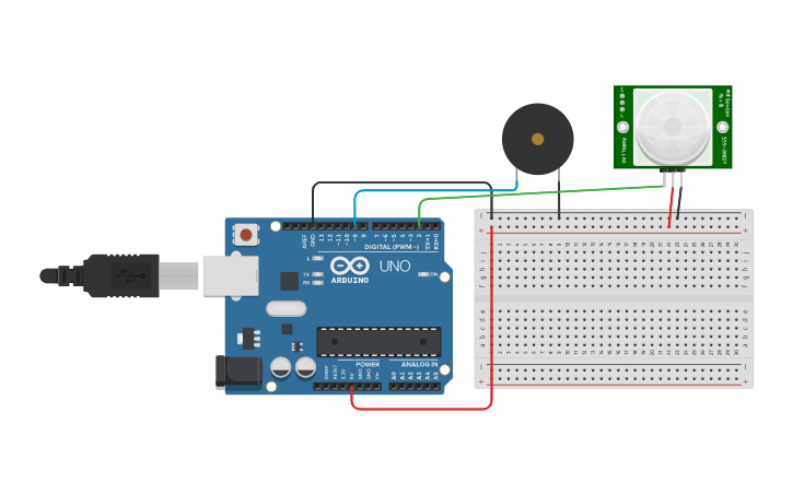Circuit design Thief detector using PIR an Buzzer - Tinkercad