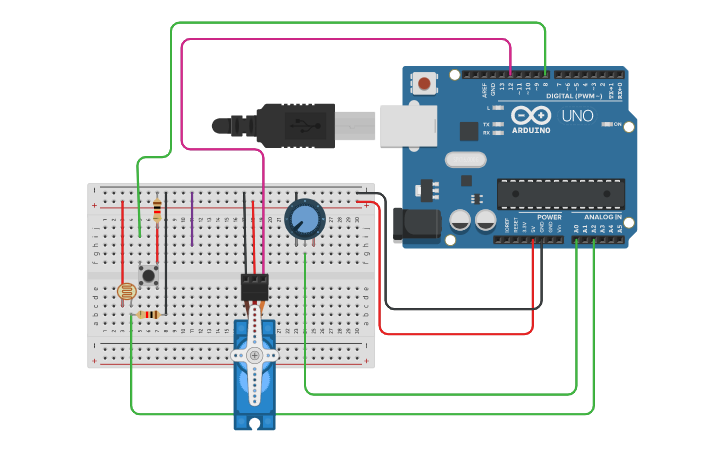 Circuit design servo motor - POT & LDR assignment | Tinkercad