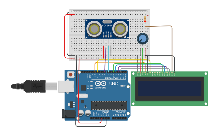 Circuit design Arduino Básico-Aula 19-Sensor Ultrassom - Tinkercad