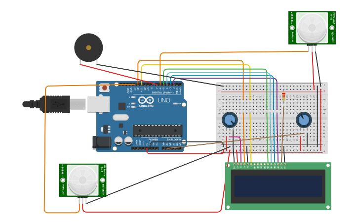 Circuit design Pantalla LCD con sensores de proximidad y bocina para alertas - Tinkercad
