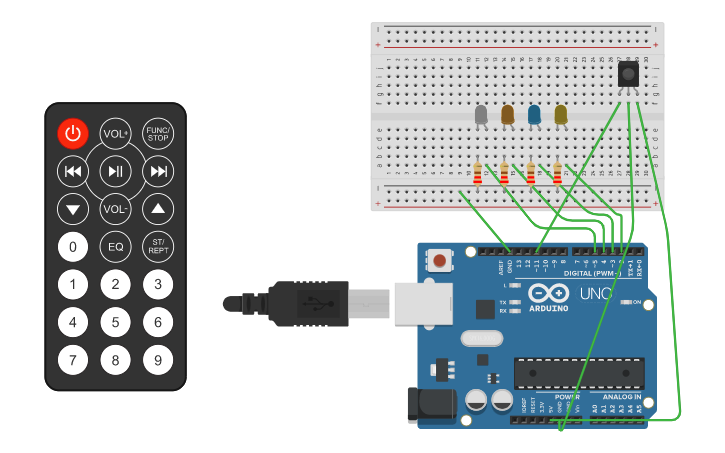 Circuit design Control LEDs using IR remote and library - Tinkercad