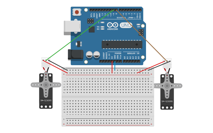 Circuit design Sesión 27 Servomotores con joystick - Tinkercad Circuit design Sesión 27 Servomotores con joystick - Tinkercad