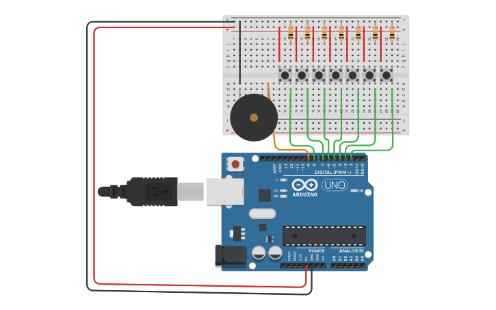 Circuit design Circuito 15: Piano Buzzer | Tinkercad
