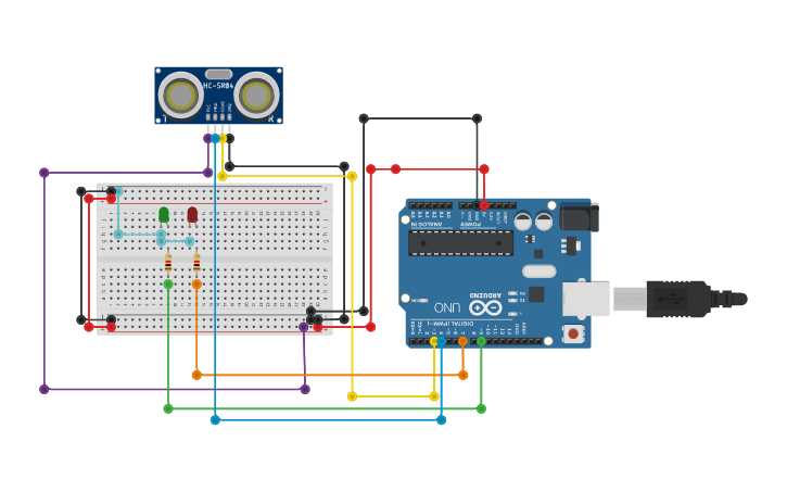 Circuit design sensor ultrasonic dan led | Tinkercad