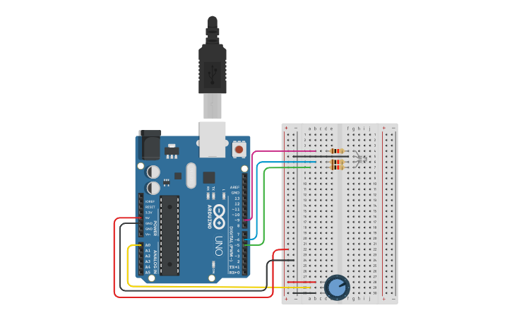 Circuit design RGB LED Potentiometer - Tinkercad