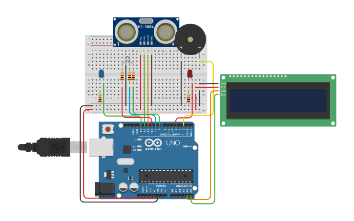 Circuit Design Ultrasonic Sensor With Piezo Buzzer Rgb Led Lights Tinkercad