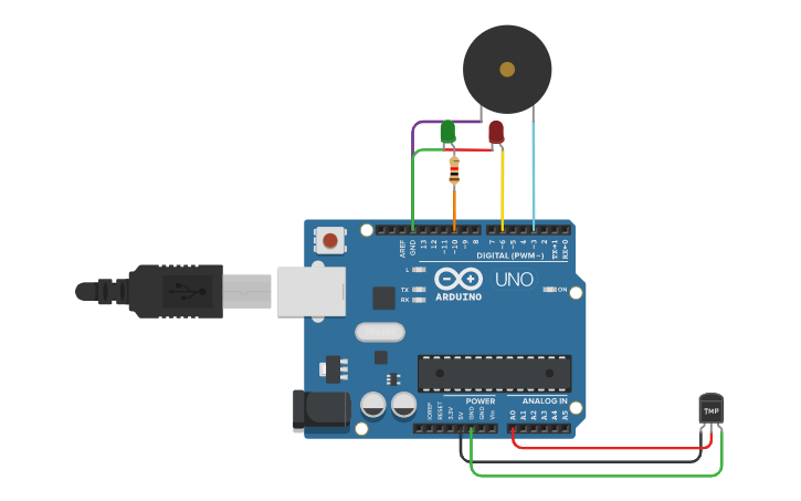 Circuit design pengembangan rangkaian TMP36 - Tinkercad