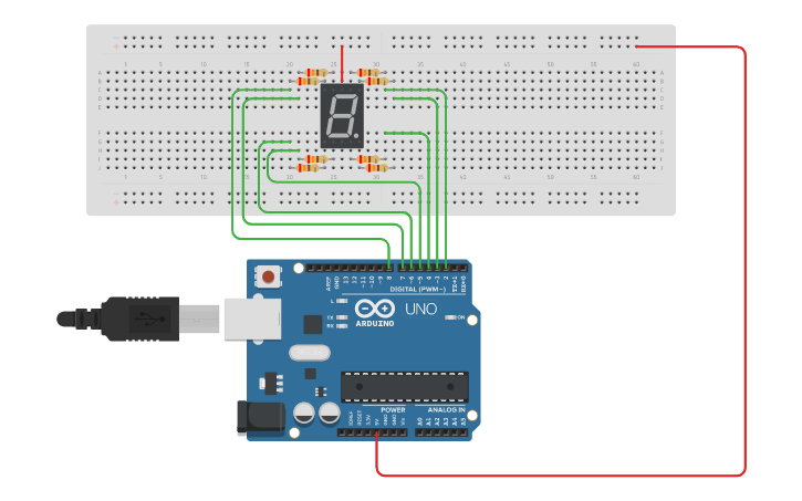 Circuit design DISPLAY A 7 SEGMENTI - Tinkercad