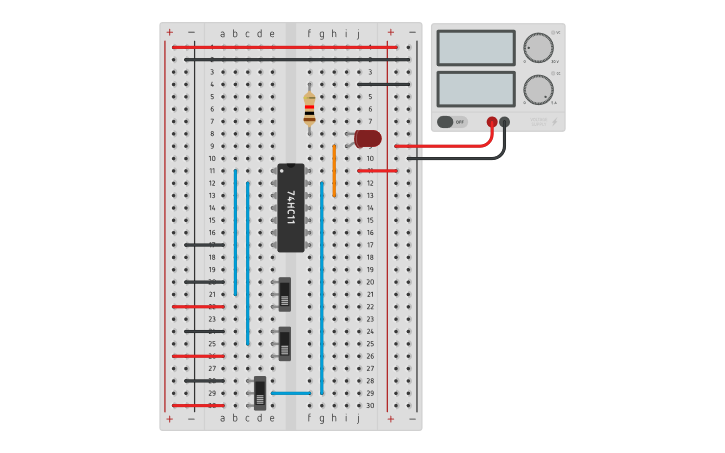 Circuit design Circuito 74HC11: AND de três entradas - Tinkercad