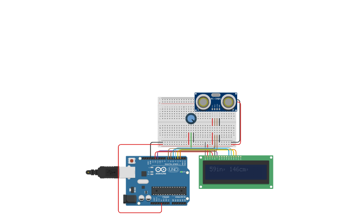 Circuit design Ultrasonic with LCD - Tinkercad
