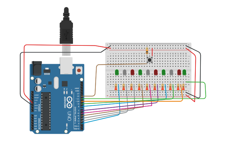 Circuit design Luci di Natale con bottone - Tinkercad