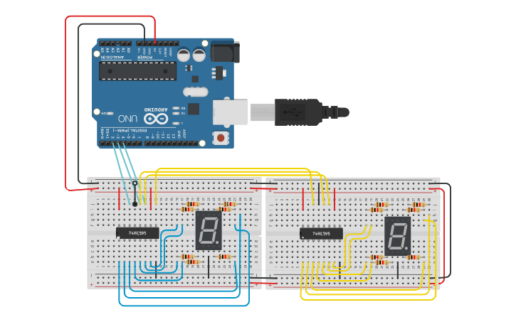 Circuit design 5-1七段顯示器74595-串聯 - Tinkercad