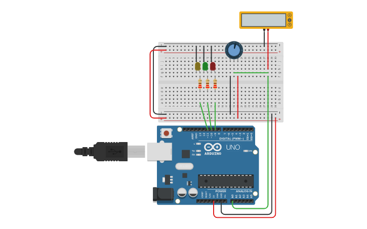 Circuit design 3 colors LED | Tinkercad