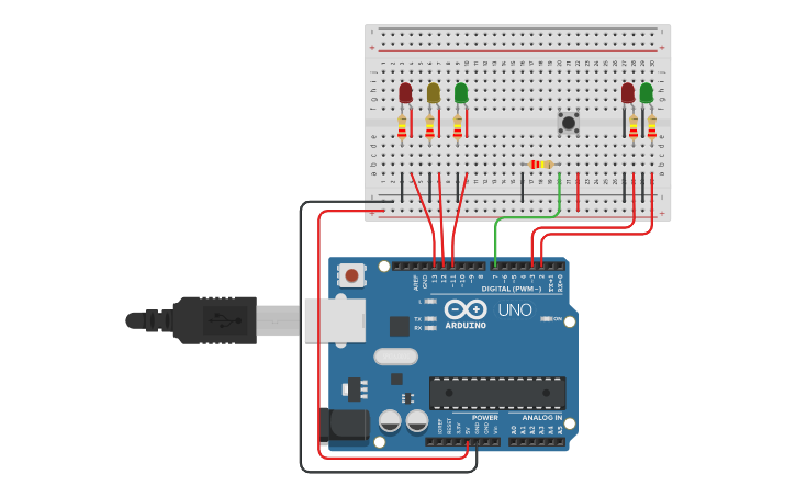 Circuit design SEMÁFORO CARRO e PEDESTRE - Tinkercad Circuit design SEMÁFORO CARRO e PEDESTRE - Tinkercad