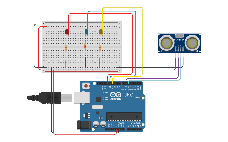 Circuit design Sensor de distancia | Tinkercad Circuit design Sensor de distancia | Tinkercad