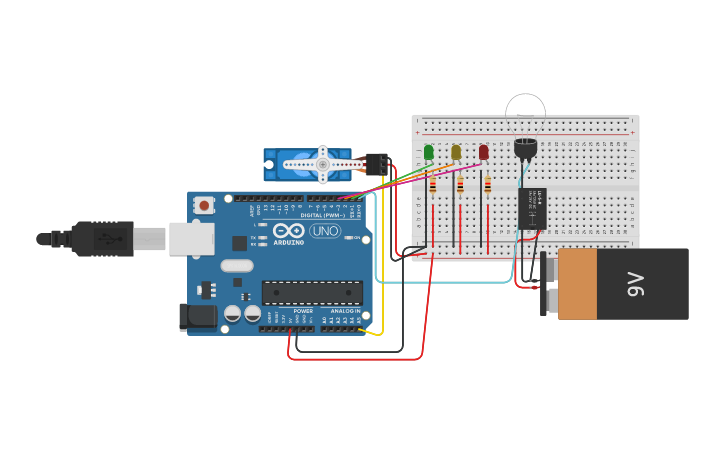 Circuit design SE - RELE, SERVOMOTOR - Tinkercad