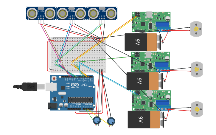 Circuit design 3 motors - Tinkercad