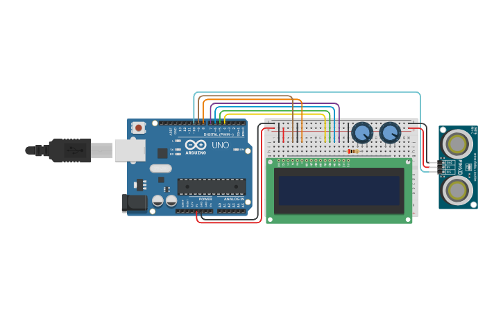 Circuit design LCD Ping Ultrasonic Sensor | Tinkercad