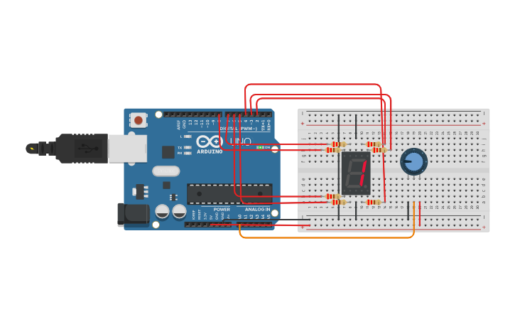 Circuit design Задание 14. Потенциометр и сегментный индикатор | Tinkercad