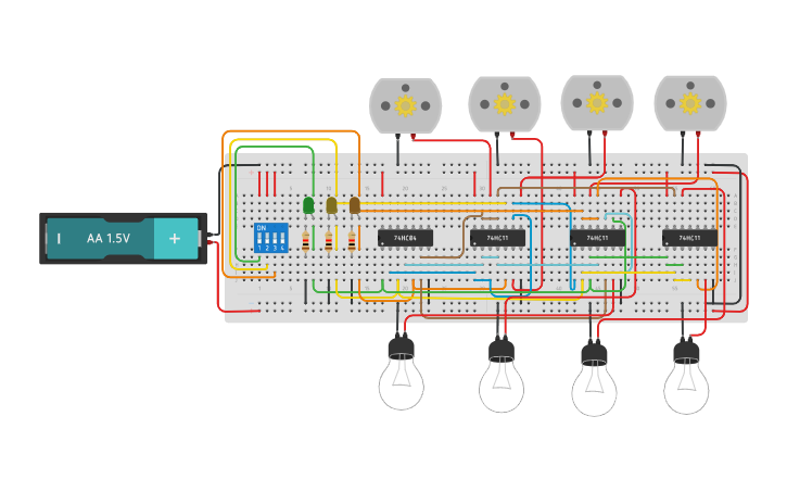 Circuit design Decodificador 3x8 Con motores y bombillas | Tinkercad