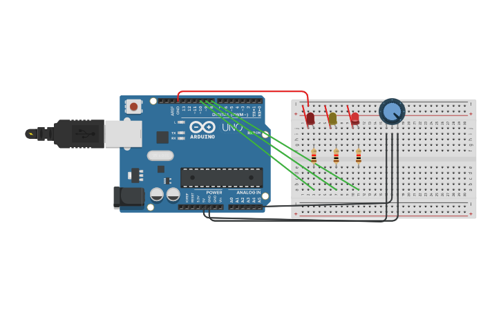 Circuit design Funções no ARDUINO com 3 LEDS | Tinkercad