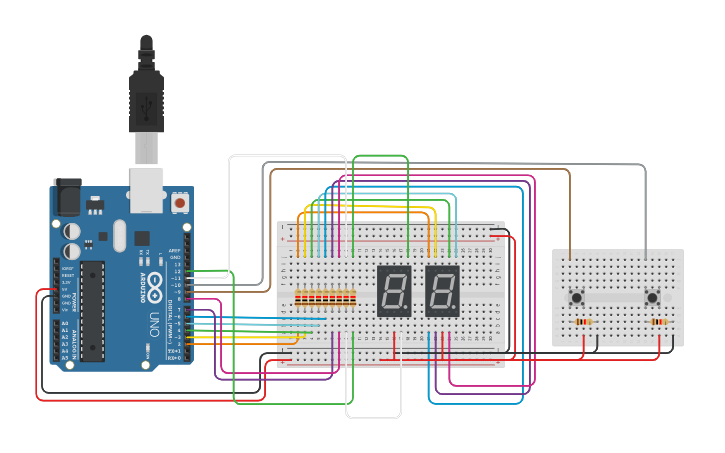Circuit design display 7 segmentos controlado por pulsadores - Tinkercad
