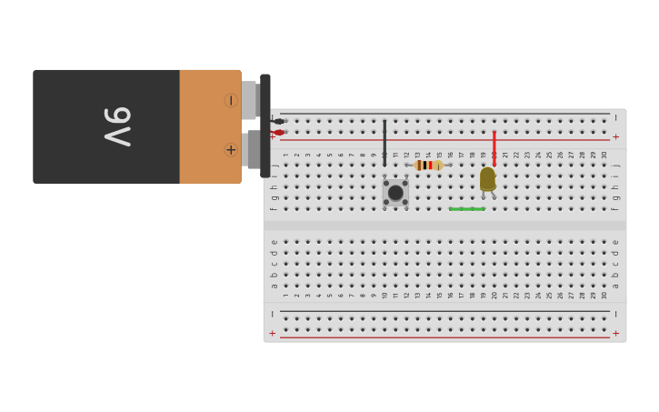 Circuit design BE-101 Push Button and LED circuit on a breadboard - Tinkercad