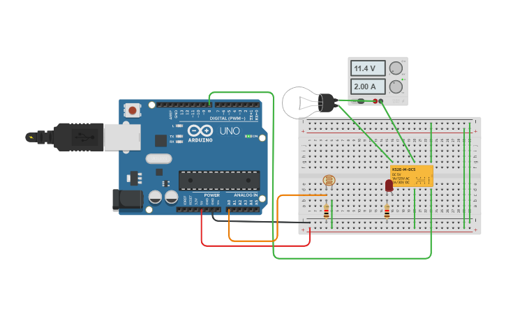 Circuit design encendido de foco con rele - Tinkercad